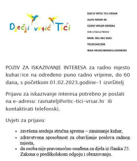 Dječji vrtić Tići Vrsar - Poziv za iskazivanje interesa za radno mjesto kuhar/ice na određeno ...
